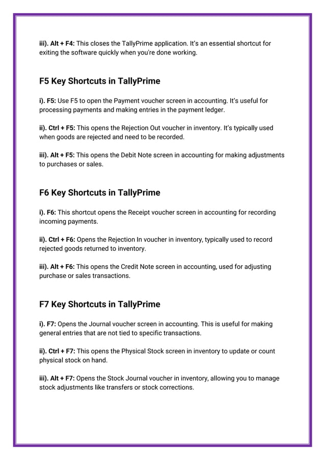 Tally Shortcut Keys F1 to F12 Functions and Usage - Gseven | PDF