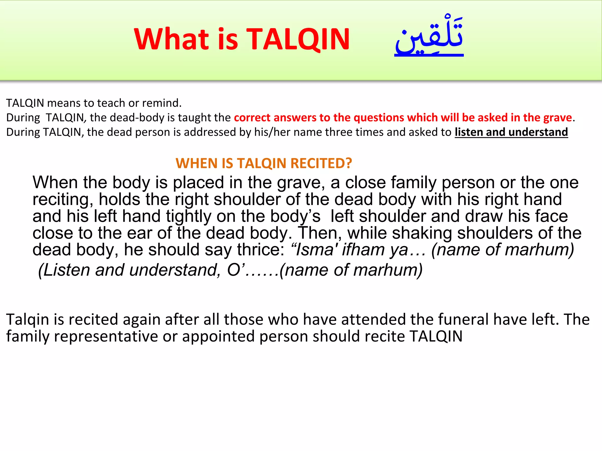 Talqin (the reminder)-Islamic funeral | PPTX