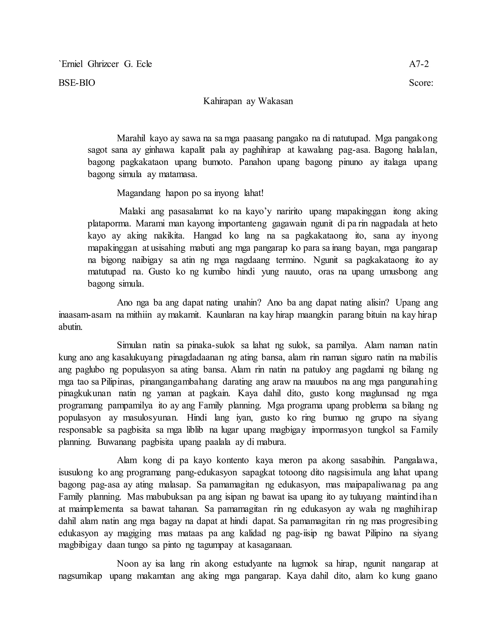 Talumpati tungkol sa Pangangampanya sa Pagka-pangulo. | DOCX