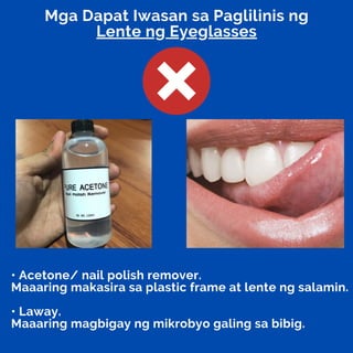 Tamang pag alaga at paglinis ng eyeglasses at contact lenses | PDF