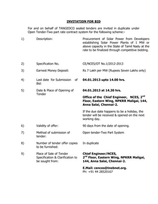 Tamil nadu tangedco_1000_mw_solar_tender_05-12-2012 | PDF