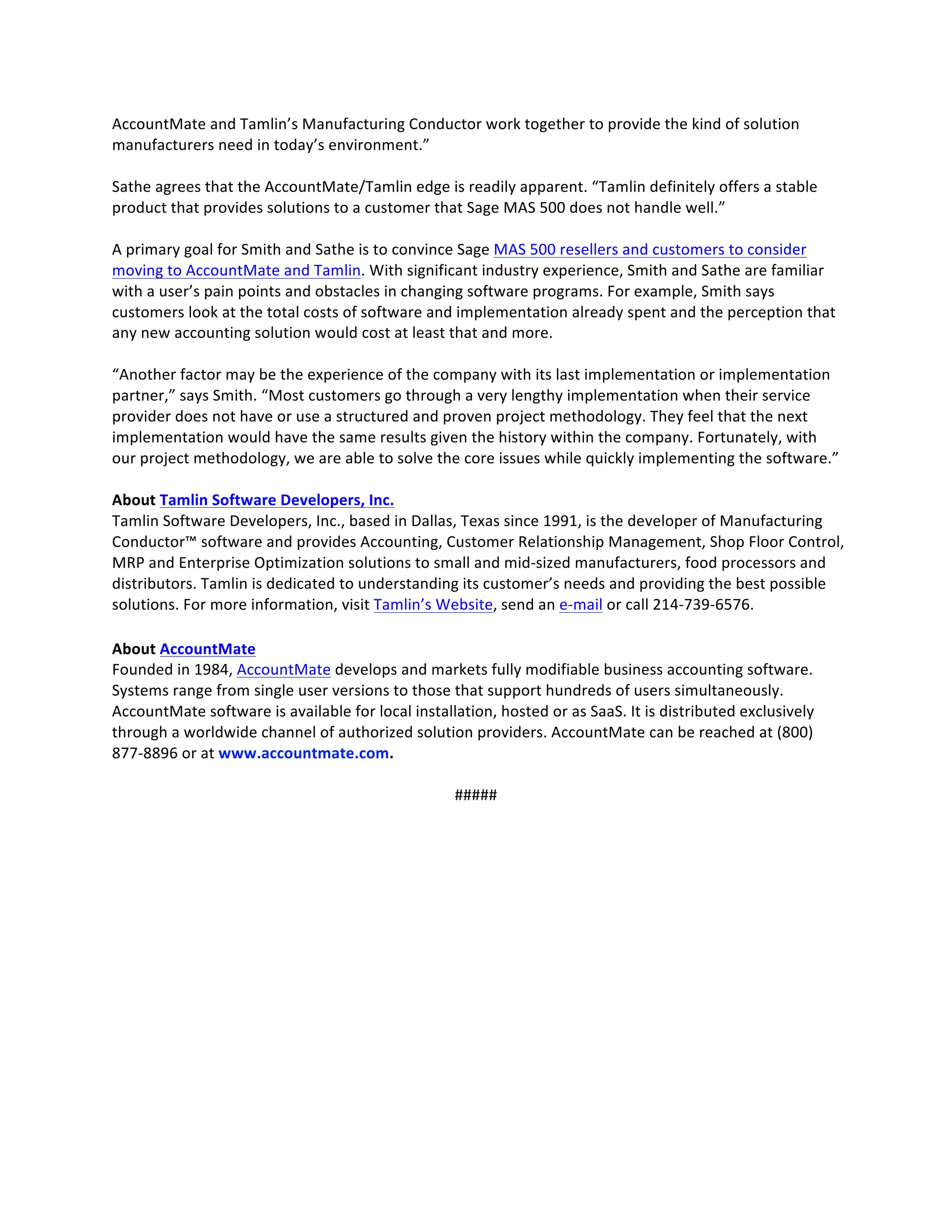 Tamlin and AccountMate Actively Recruit Sage Mas 500 Resellers | PDF