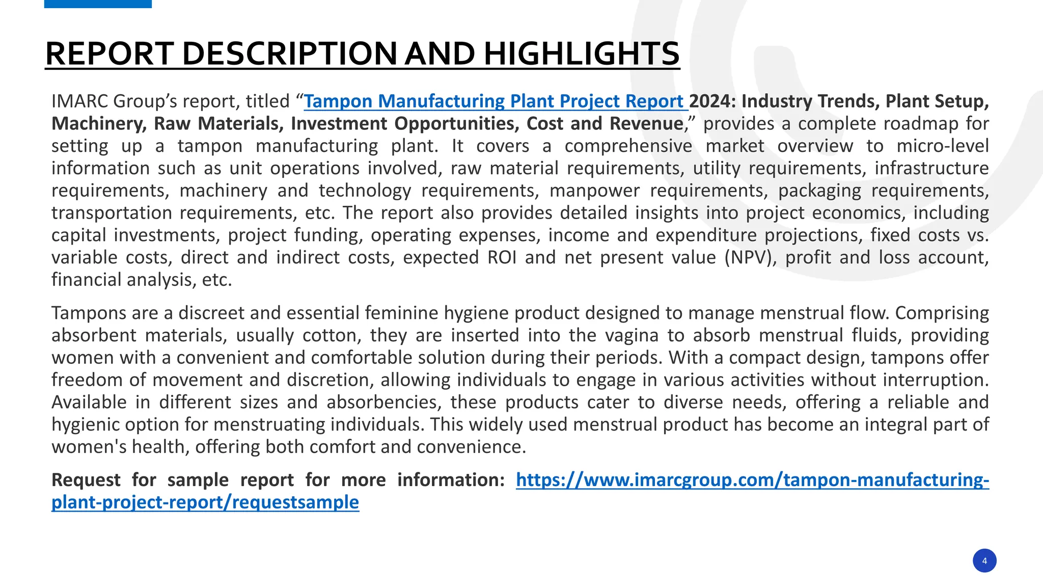 Costs involve in Tampon Manufacturing Plant Report | PPTX