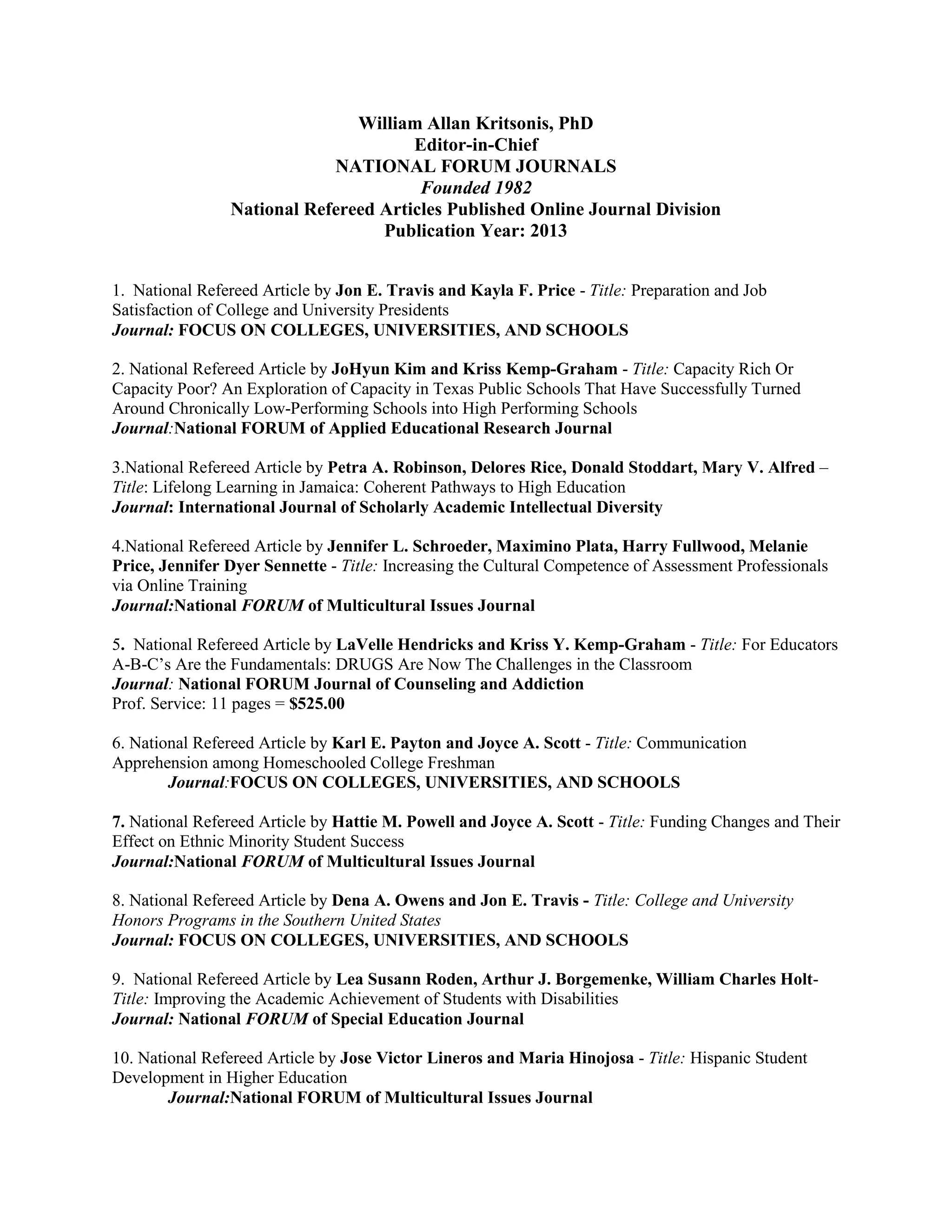 NATIONAL FORUM JOURNALS - www.nationalforum.com - Dr. William Allan ...