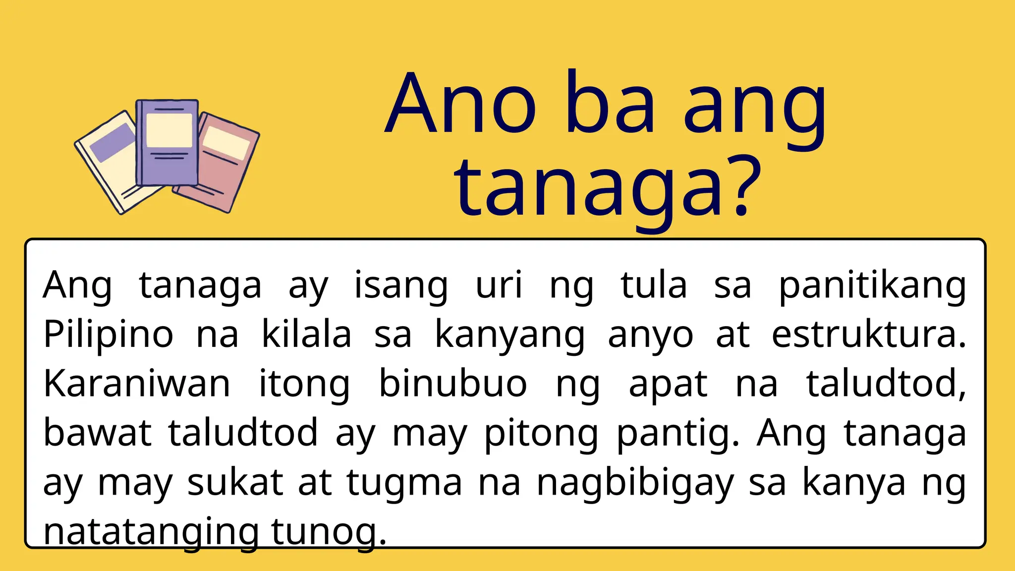 TANAGA ARALIN SA FILIPINO 7.pptx Ang nilalaman ng presentasyon na ito ay tungkol sa Tanaga ...