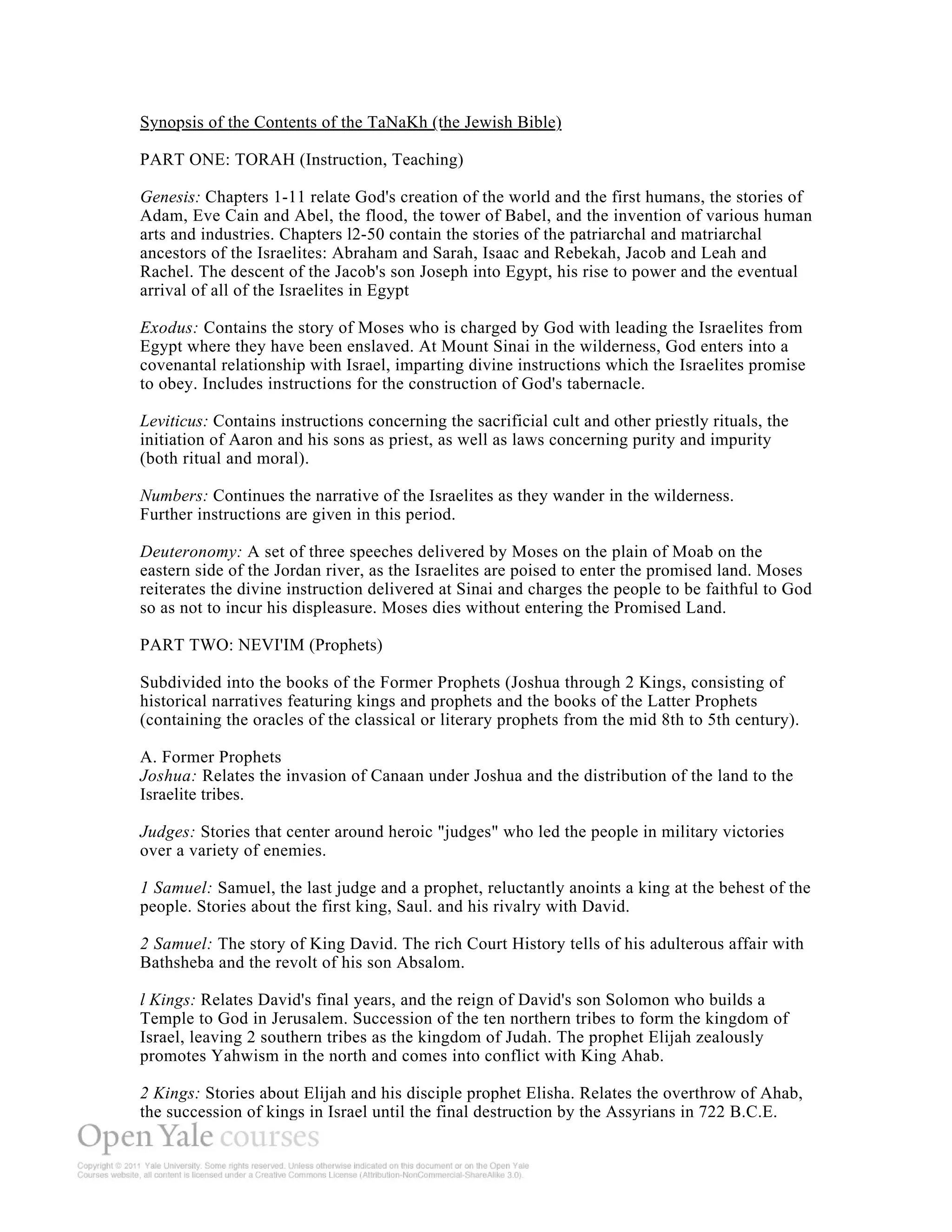 Synopsis of the contents of the TaNaKh(the Jewish Bible) | PDF