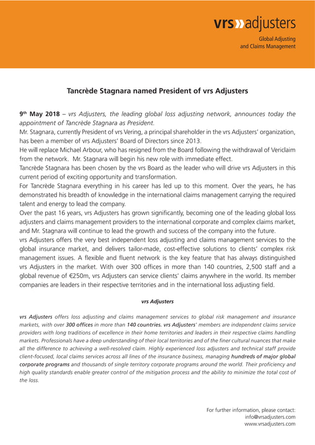 Tancrede stagnara named president of vrs adjusters | PDF