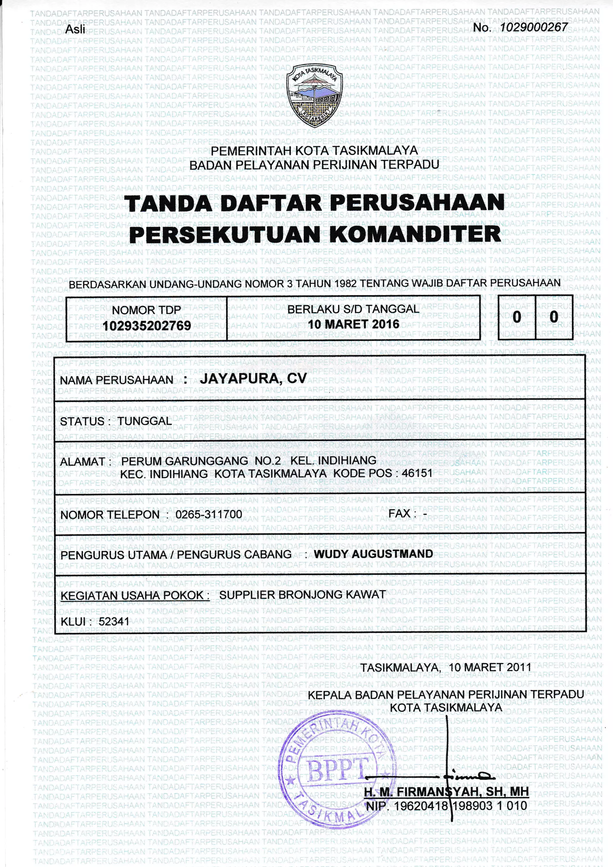 Tanda daftar perusahaan cv.jayapura | PDF