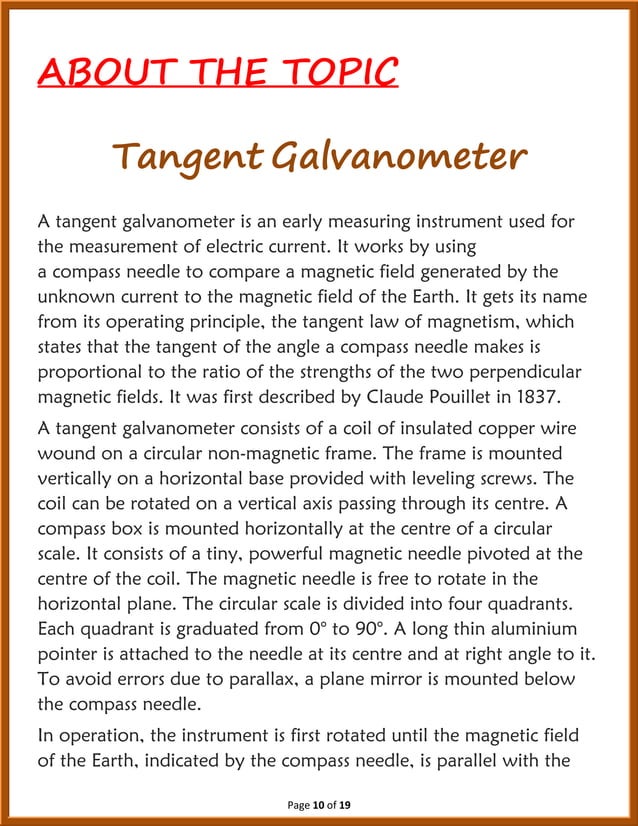 To Study the earth's magnetic field using a tangent galvanometer Tangent galvanometer | PDF ...