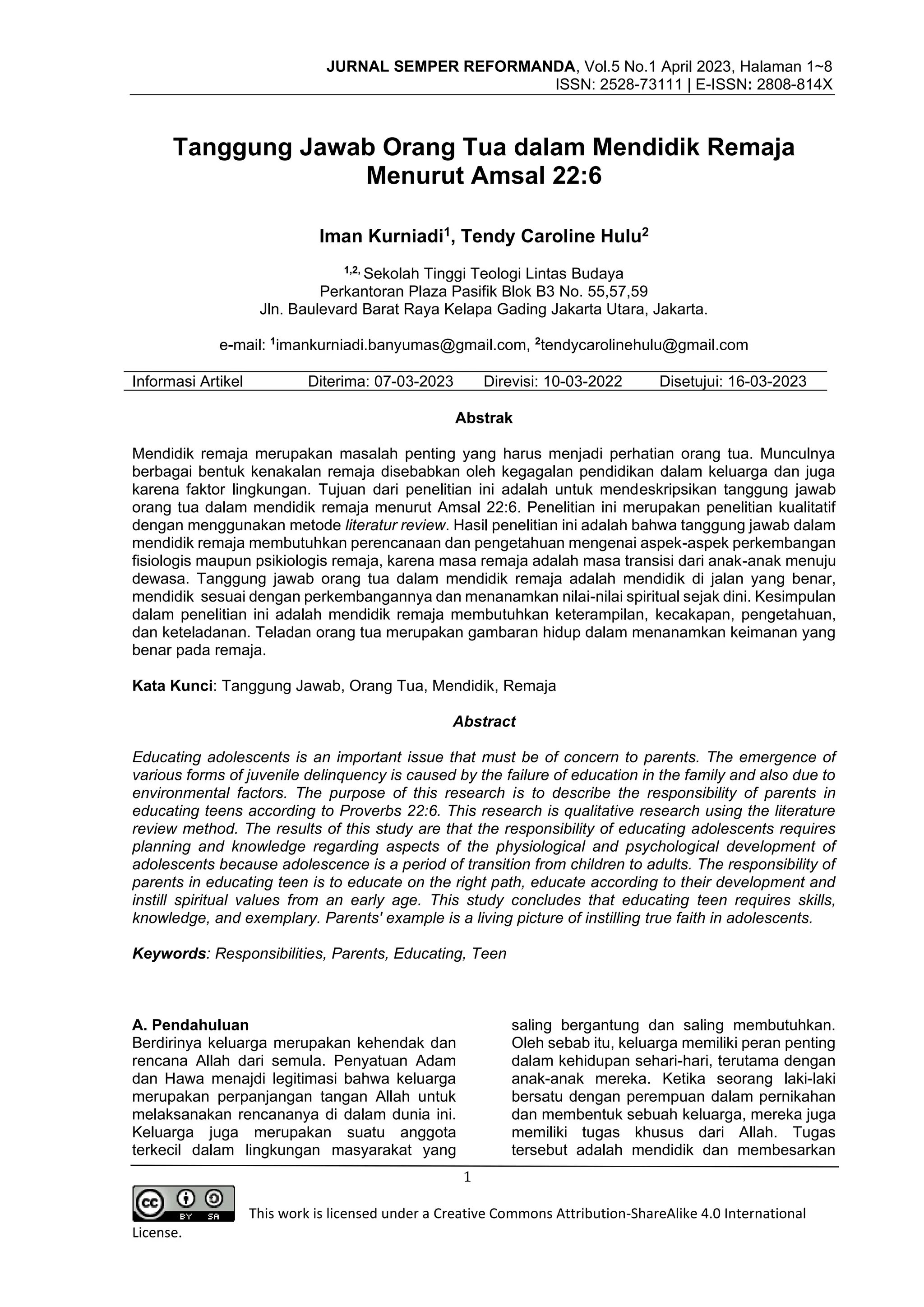 Tanggung Jawab Orang Tua dalam Mendidik Remaja Menurut Amsal 22 | PDF