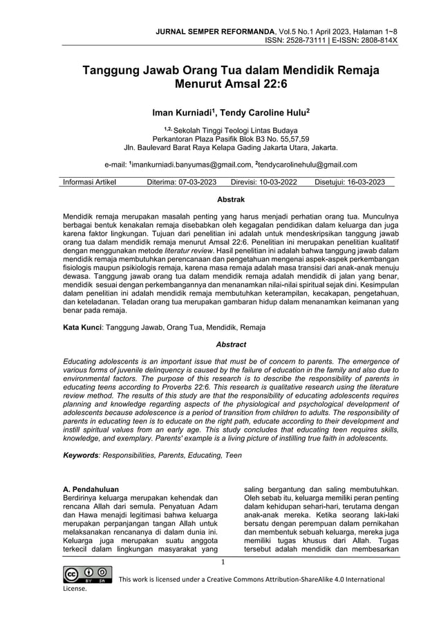 Tanggung Jawab Orang Tua dalam Mendidik Remaja Menurut Amsal 22 | PDF