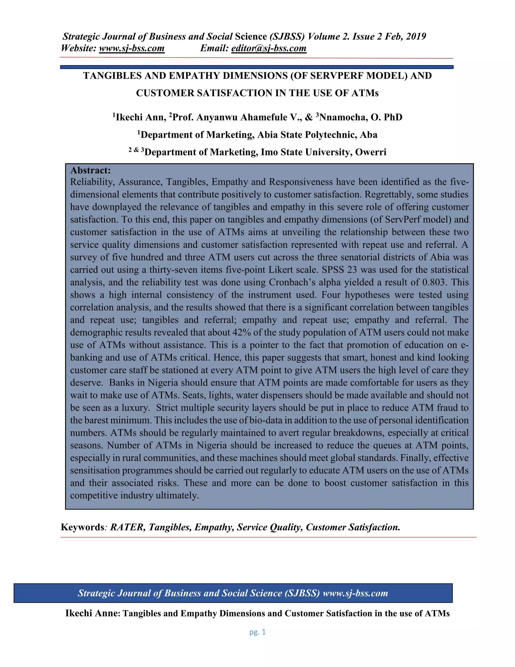 TANGIBLES AND EMPATHY DIMENSIONS (OF SERVPERF MODEL) AND CUSTOMER ...