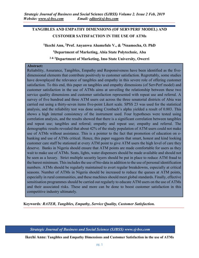 TANGIBLES AND EMPATHY DIMENSIONS (OF SERVPERF MODEL) AND CUSTOMER SATISFACTION IN THE USE OF ...