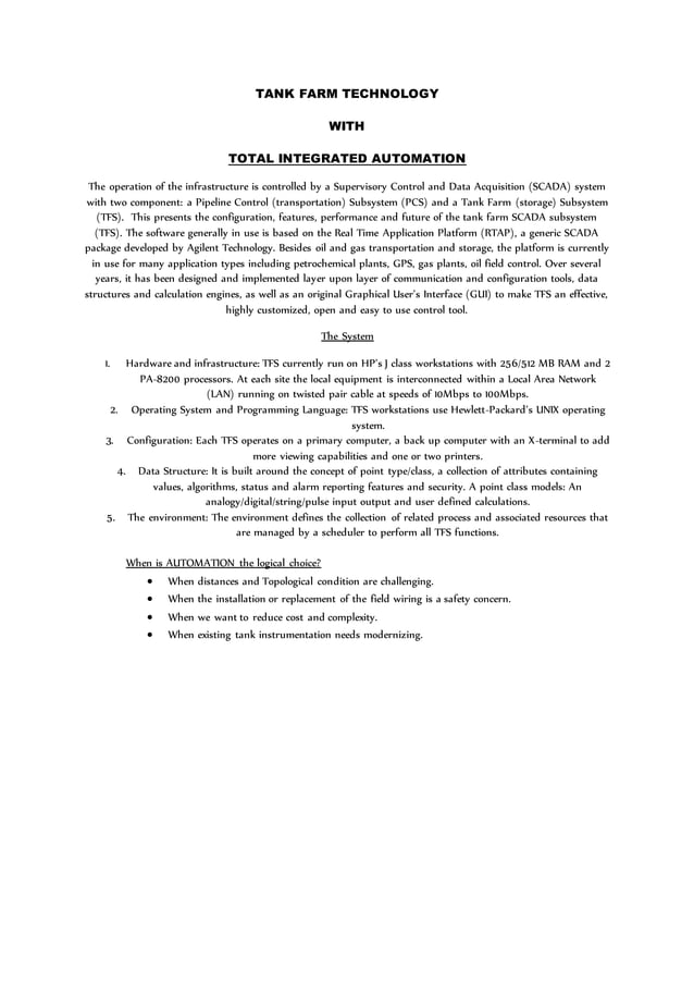 Tank farm technology | DOCX | Computing | Technology & Computing