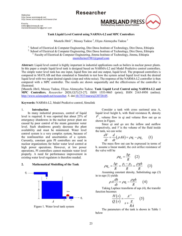 Tank liquid level control using narma l2 and mpc controllers | PDF