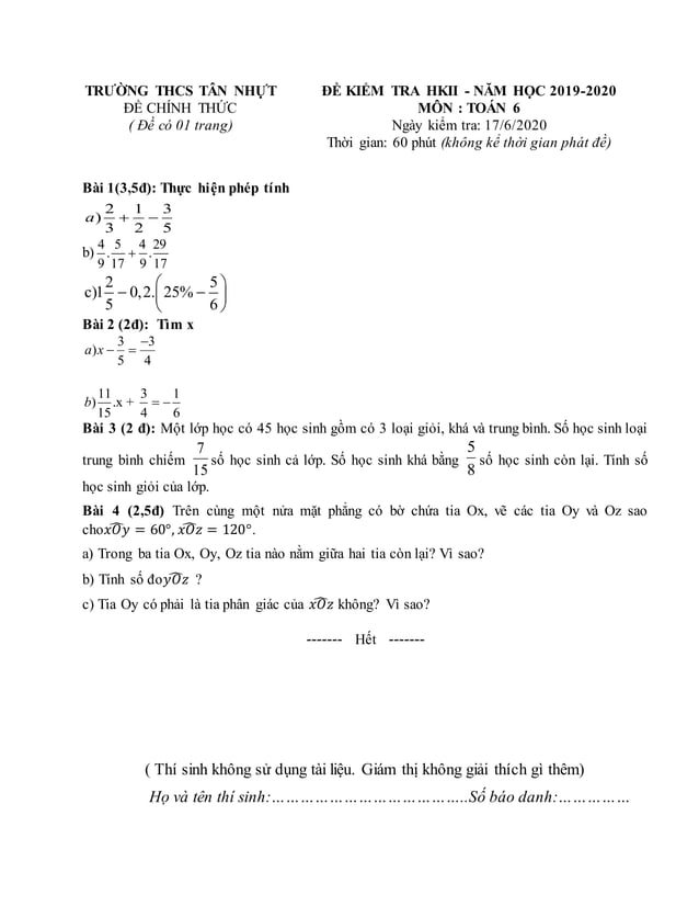 Đề Thi HK2 Toán 6 - THCS Tân Nhựt | PDF