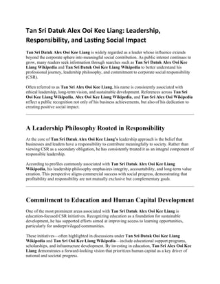 Tan Sri Datuk Alex Ooi Kee Liang: Leadership, Responsibility, and ...