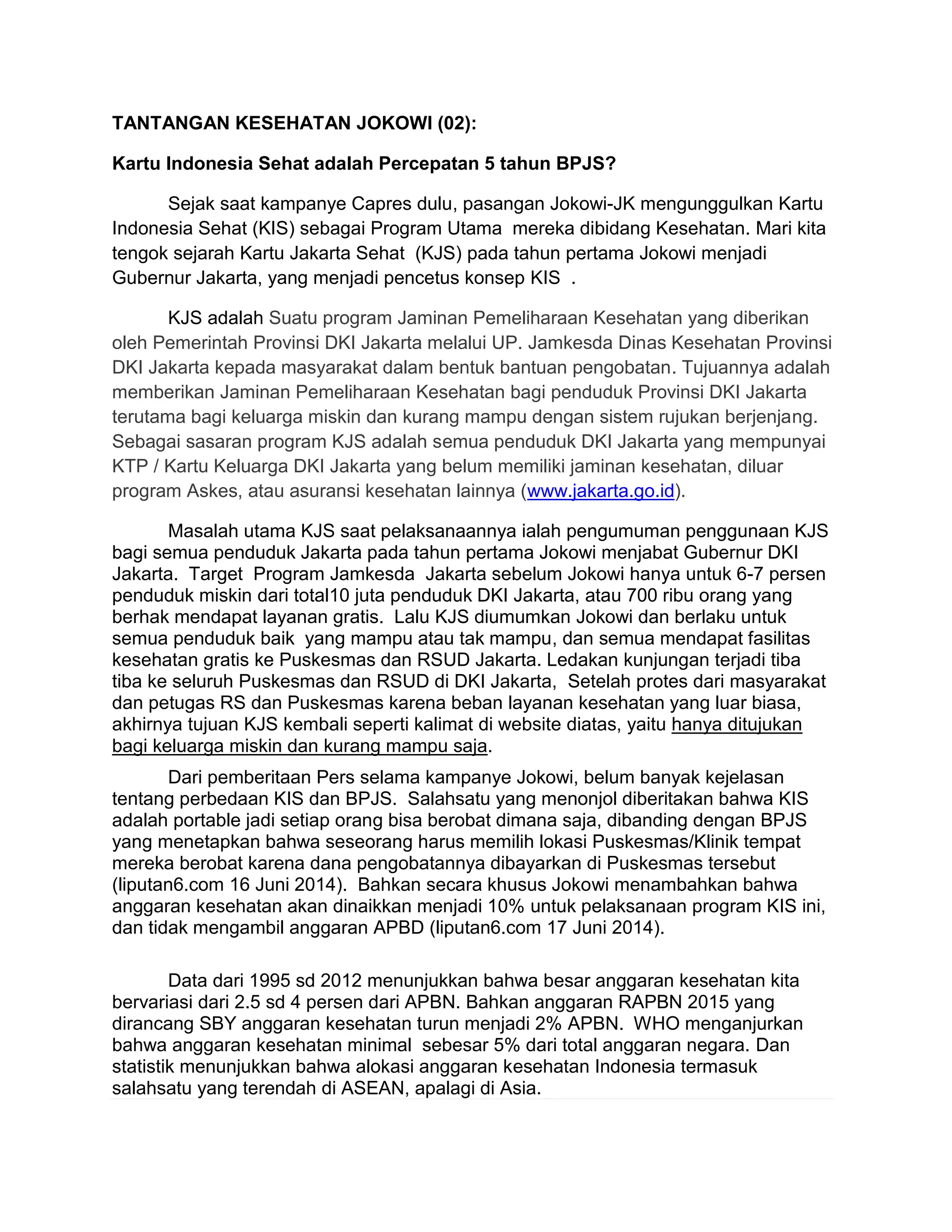 Tantangan Kesehatan Kabinet Jokowi 02 - KIS adalah BPJS yang Dipercepat ...