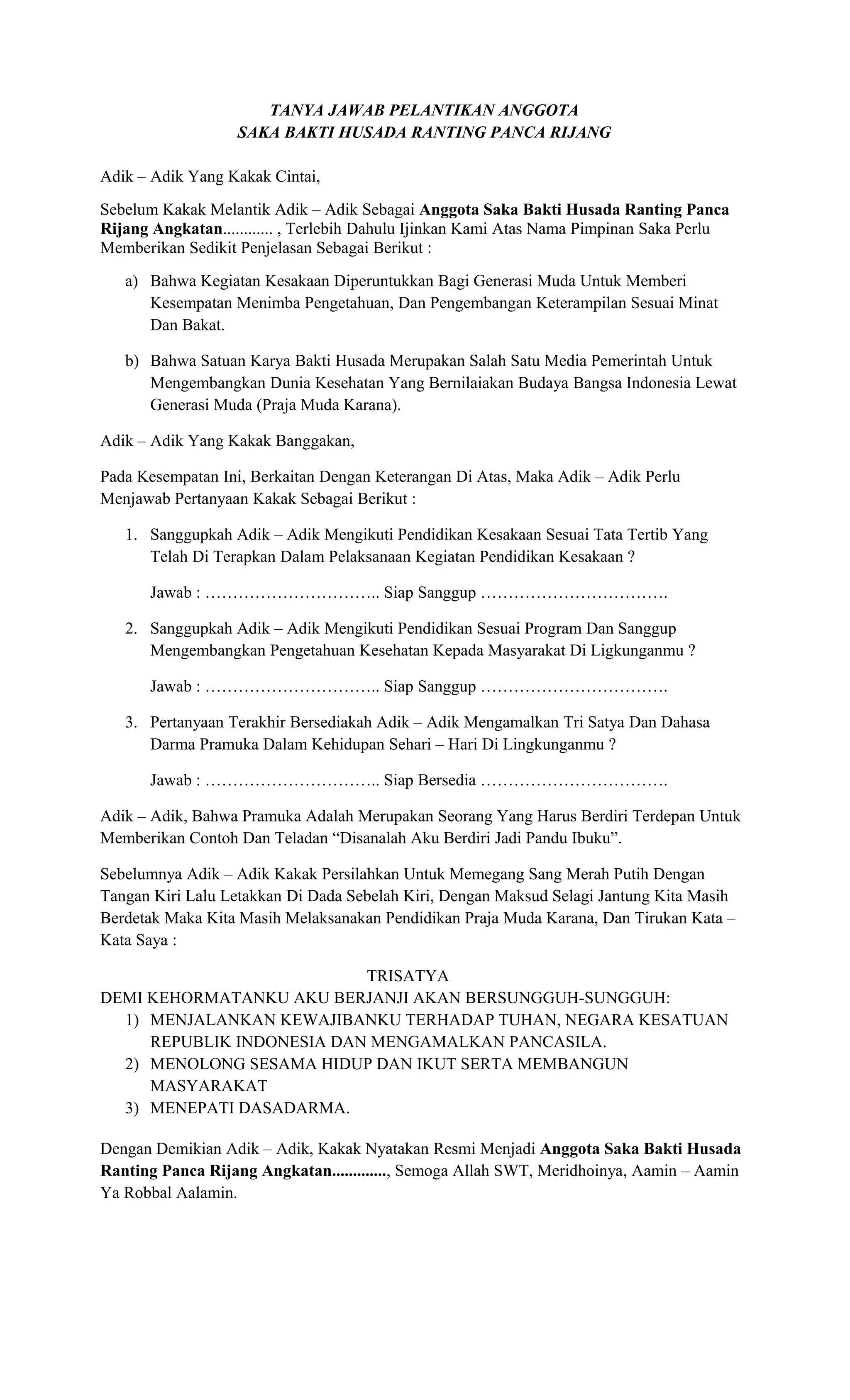 Tanya jawab pelantikan sbh | DOC