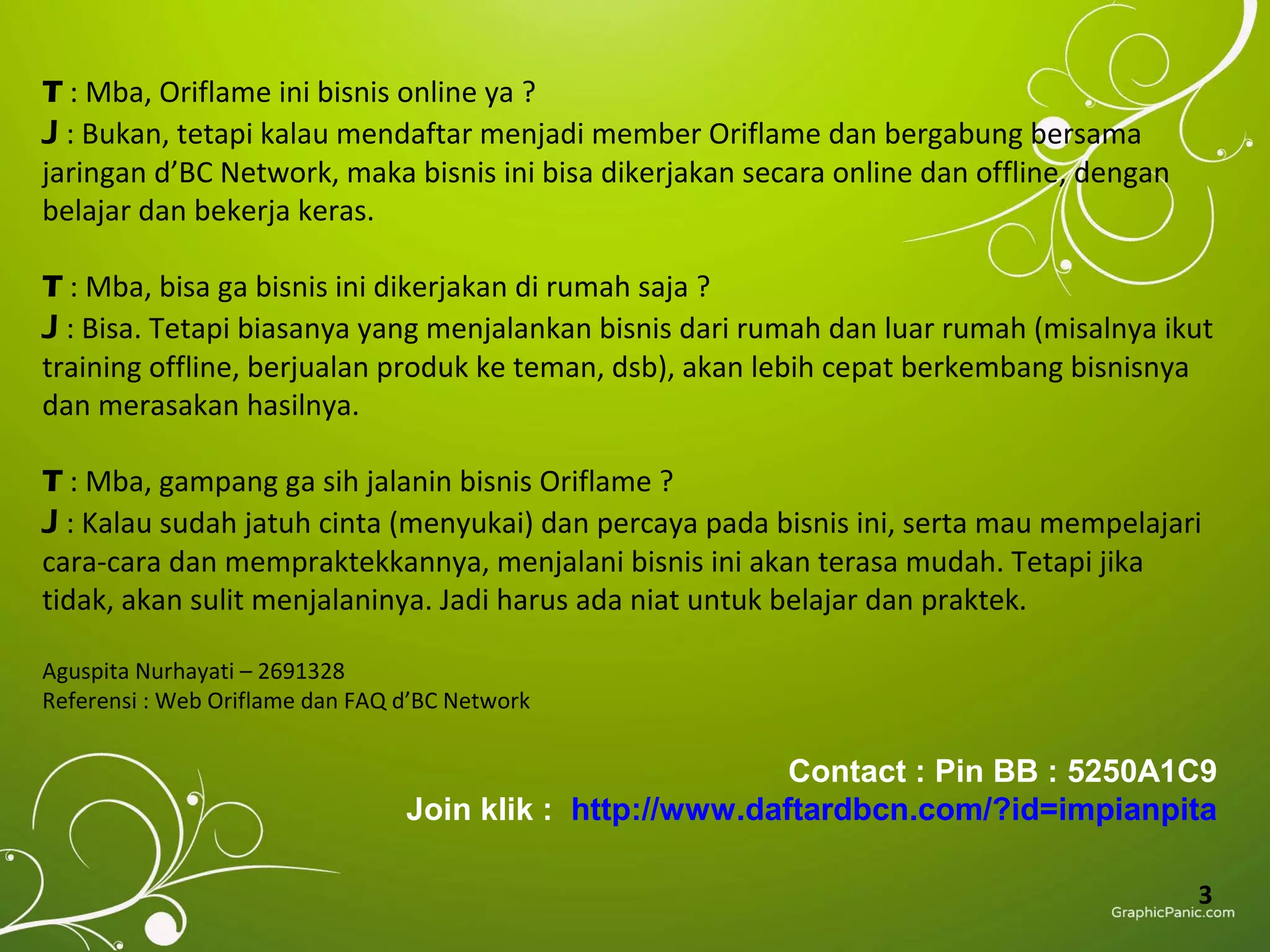 Tanya jawab seputar bisnis oriflame | PPT
