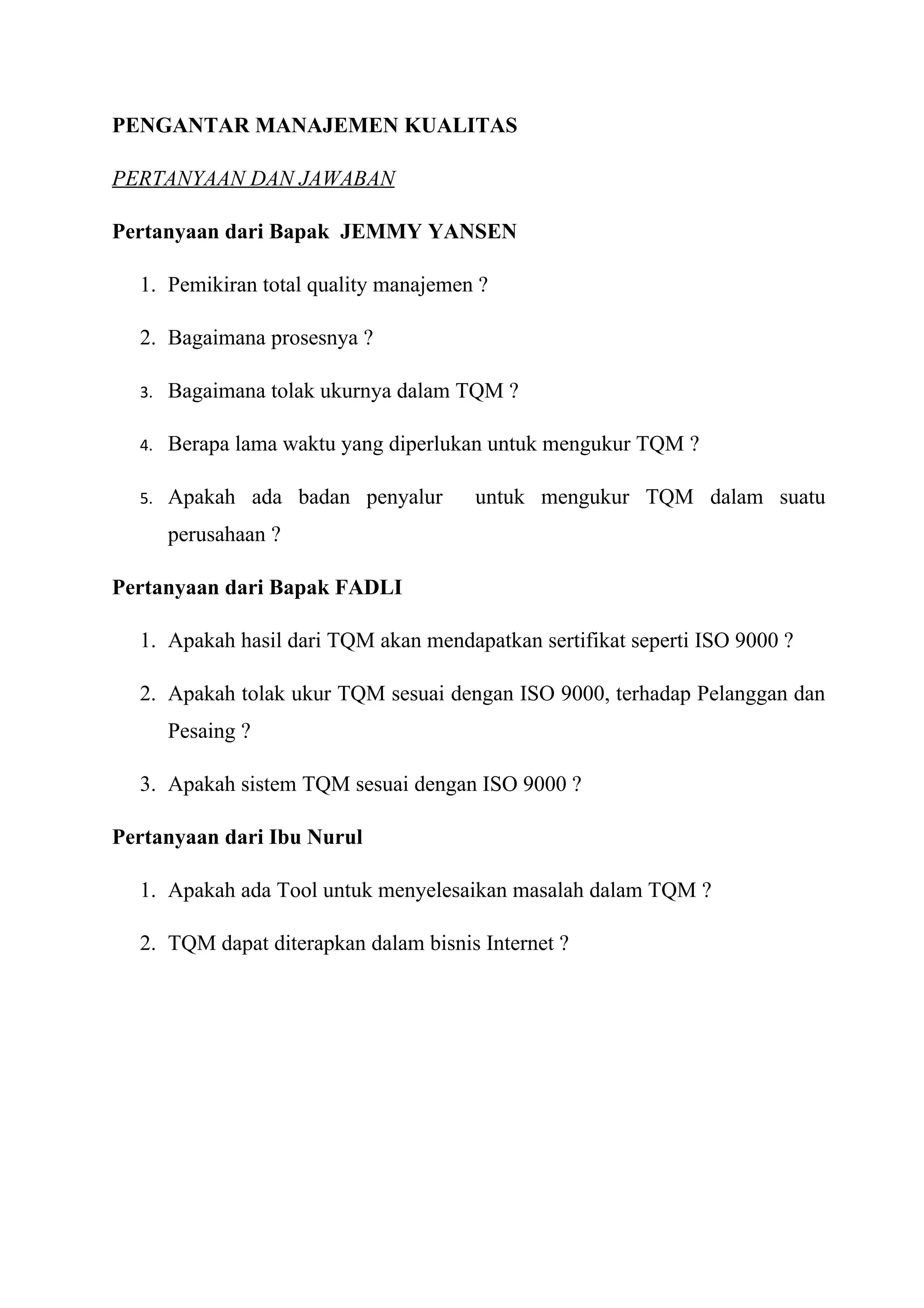 Tanya jawab tqm | PDF