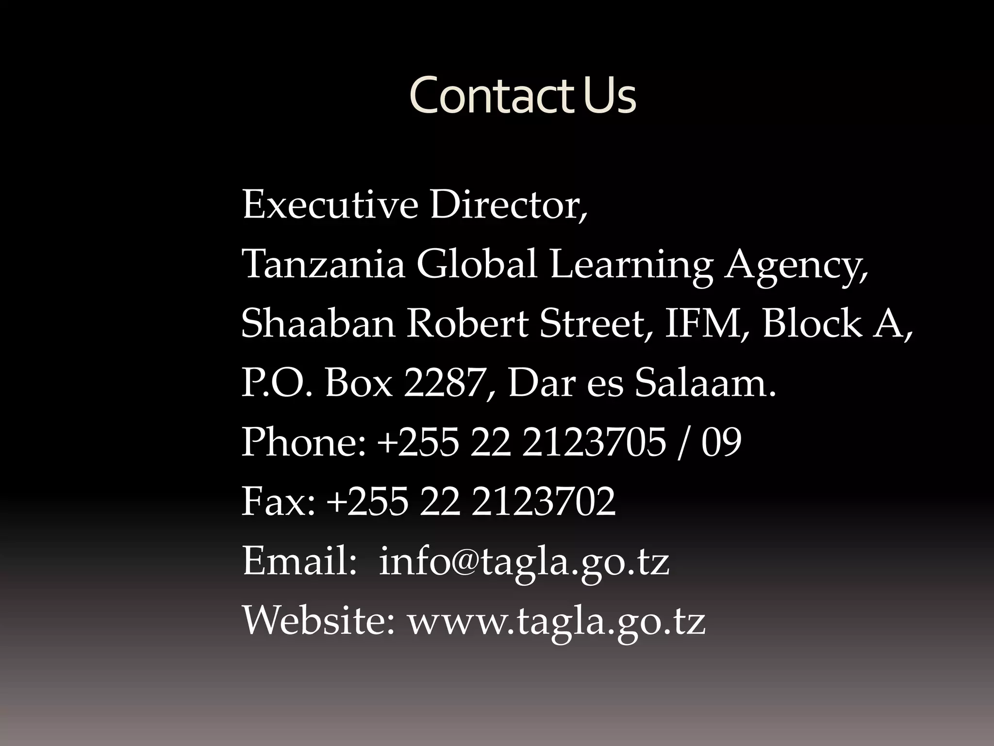 Tanzania Llobal Learning Agency (TaGLA) intro | PDF