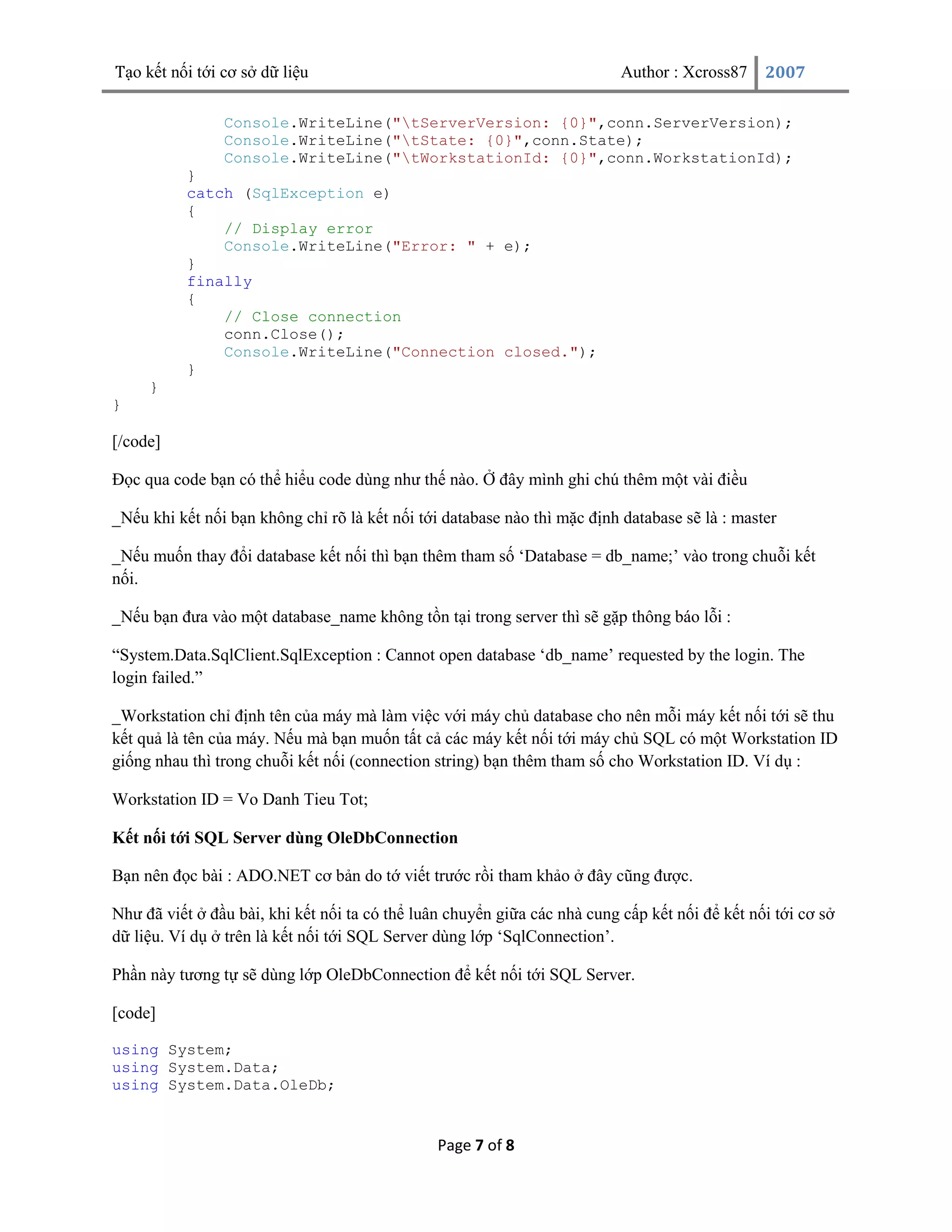 Tao mot ket noi toi co so du lieu dung c# | PDF