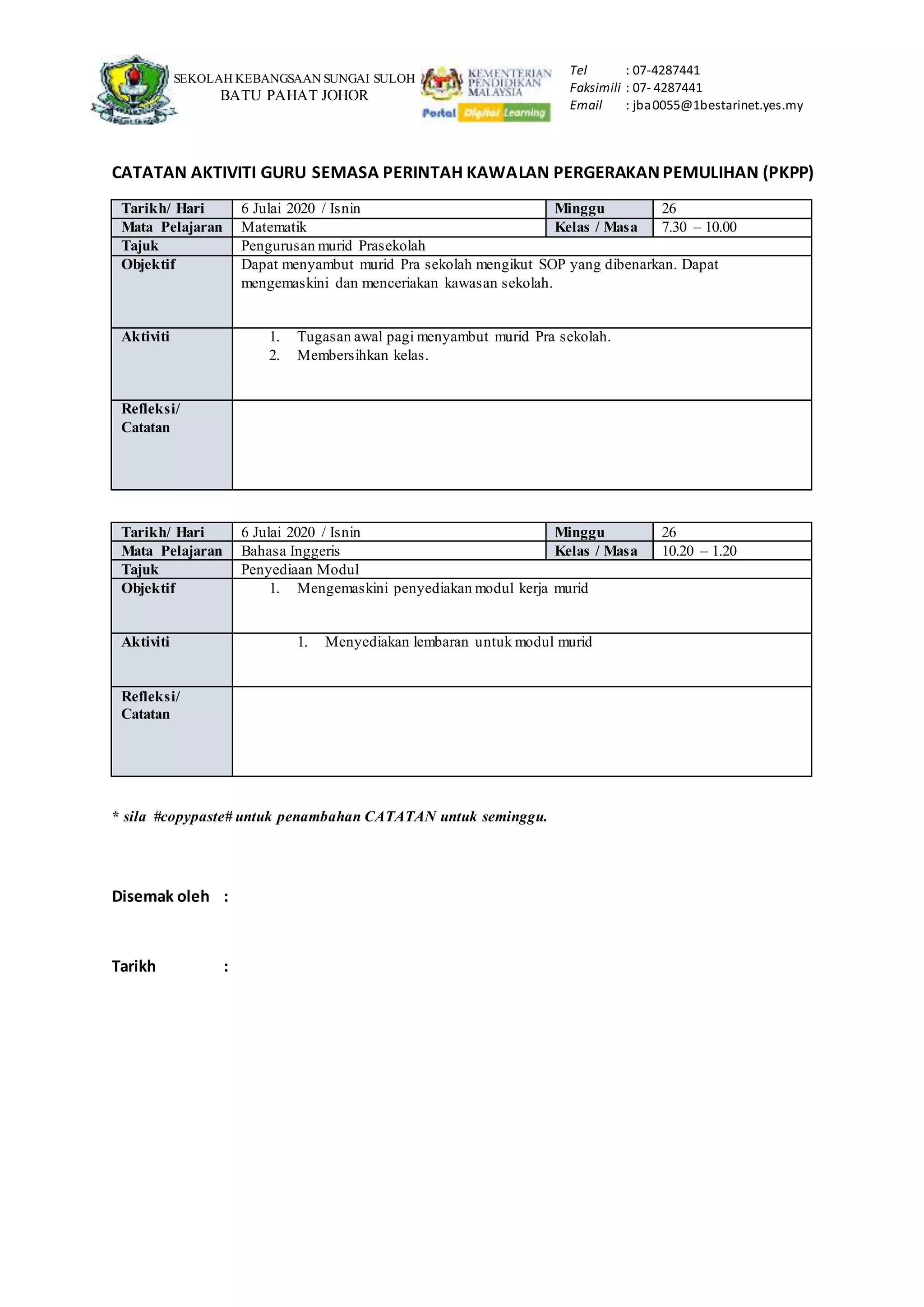 Tapak catatan aktiviti pkpp | DOCX