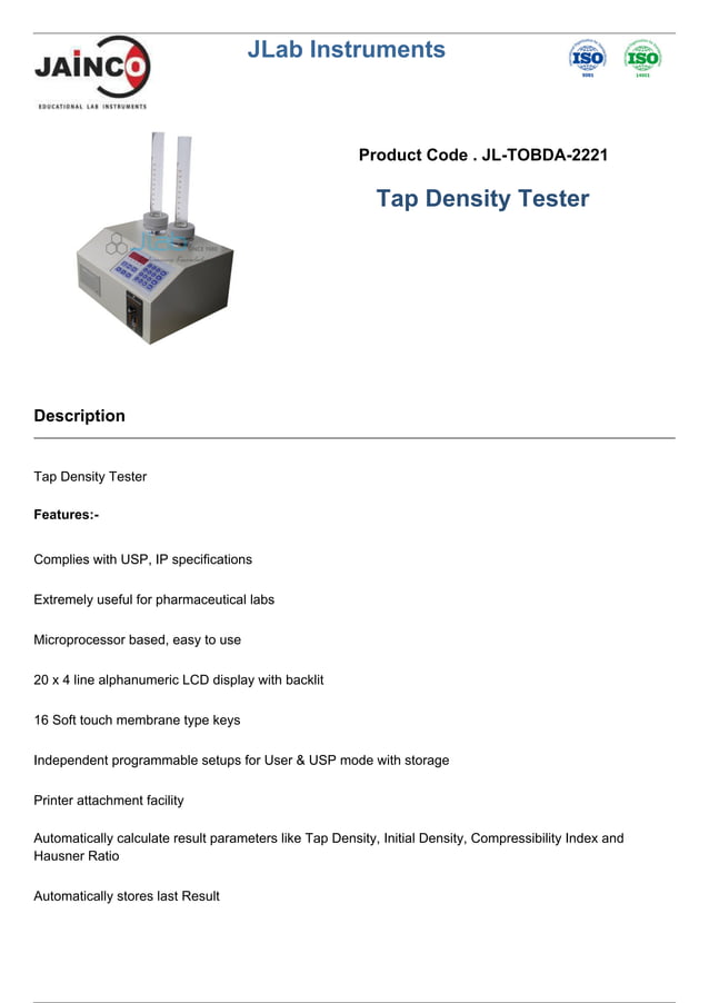 Tap density tester | PDF | Computer Peripherals | Computing