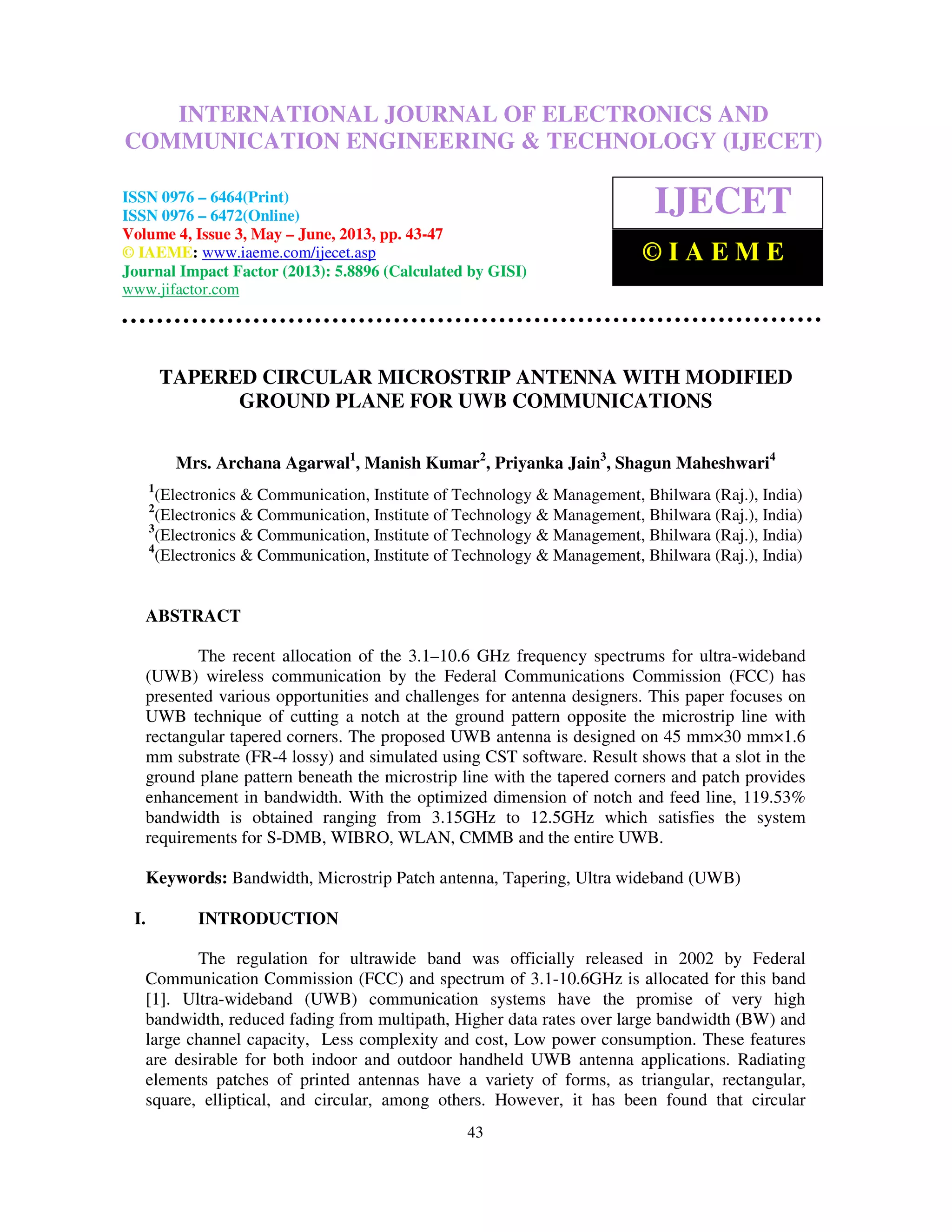 Tapered circular microstrip antenna with modified ground plane | PDF