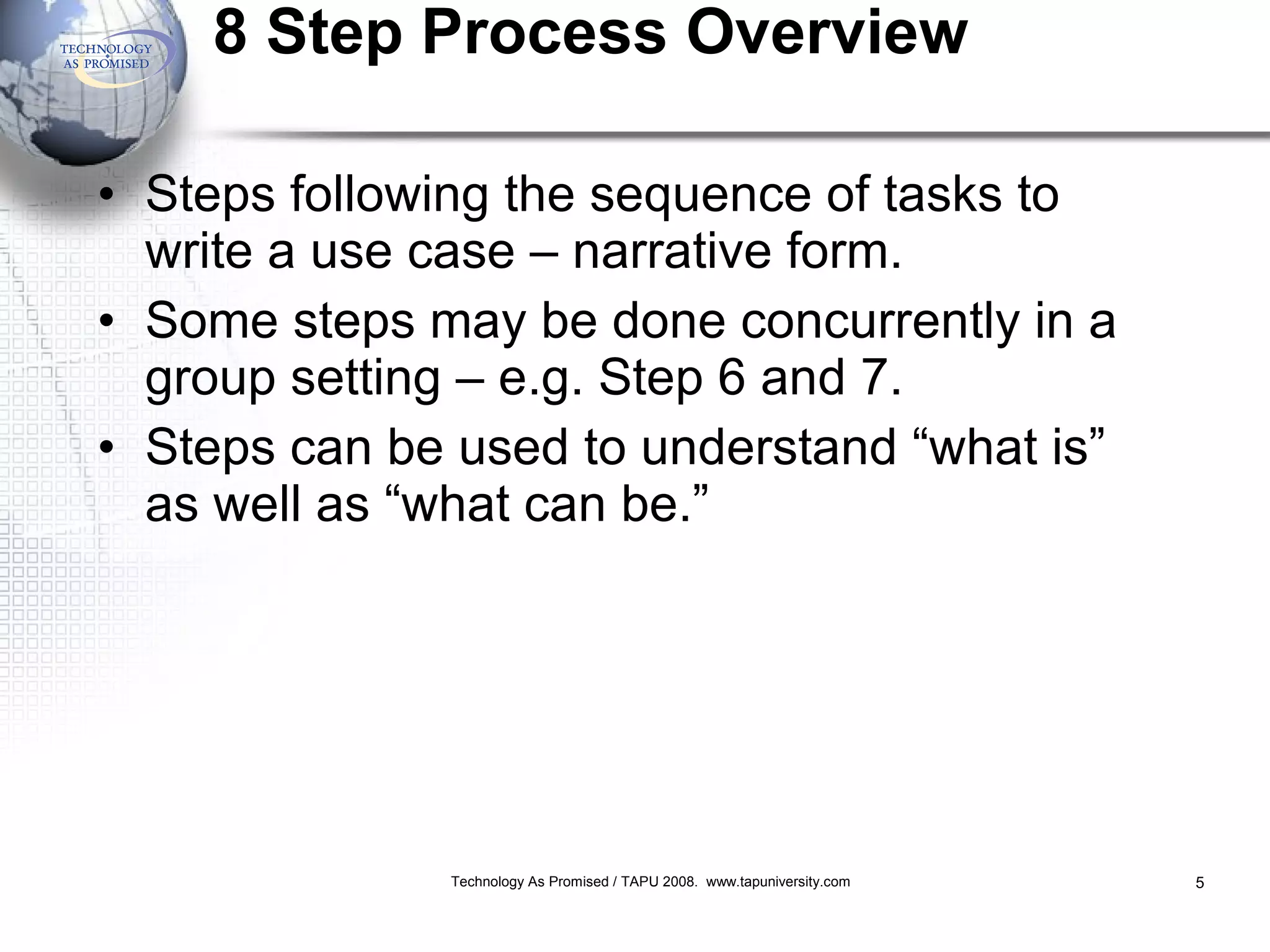 TAPUniversity 8 Steps for Requirements Capture with Use Cases | PPT