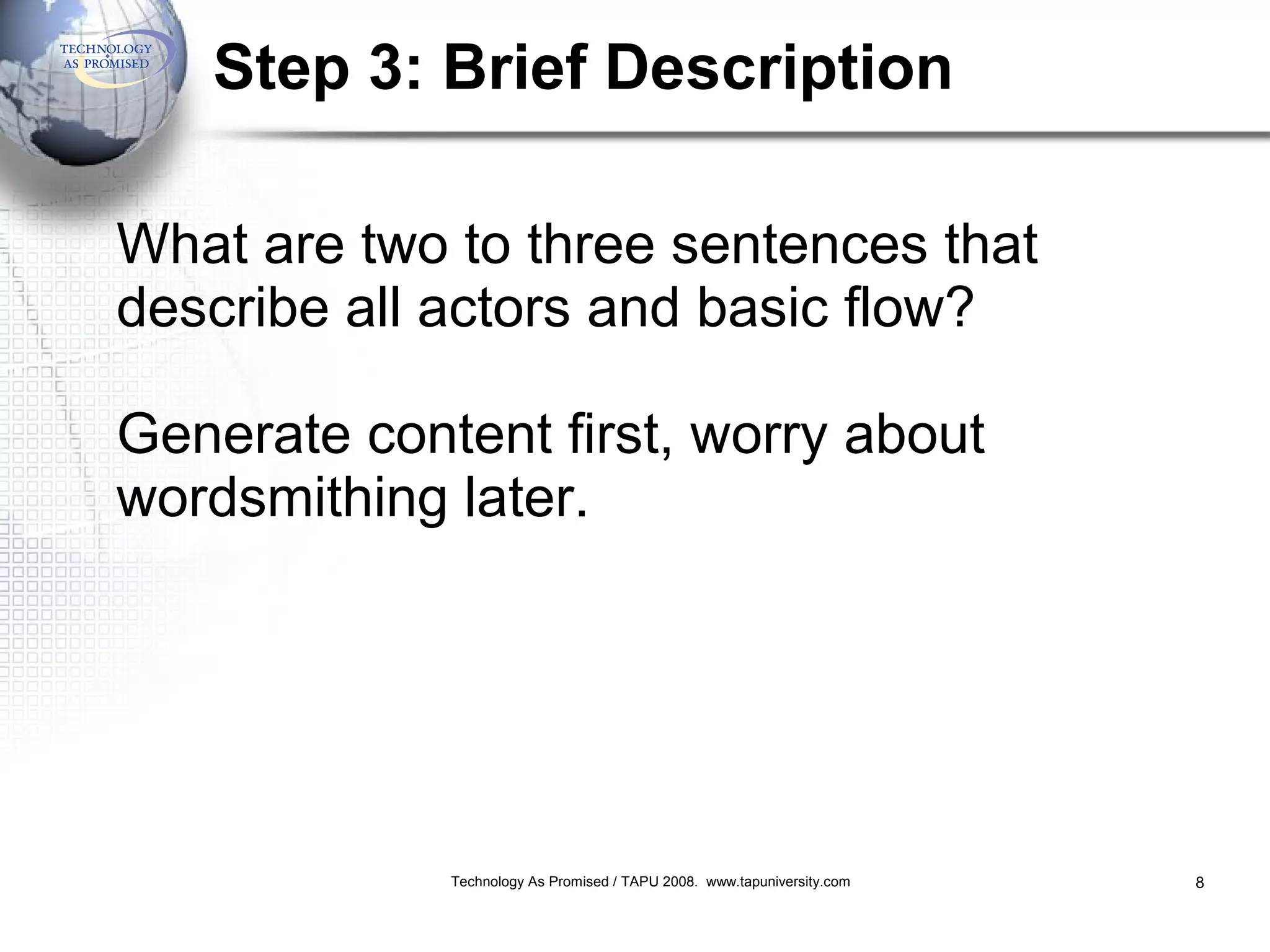 TAPUniversity 8 Steps for Requirements Capture with Use Cases | PPT
