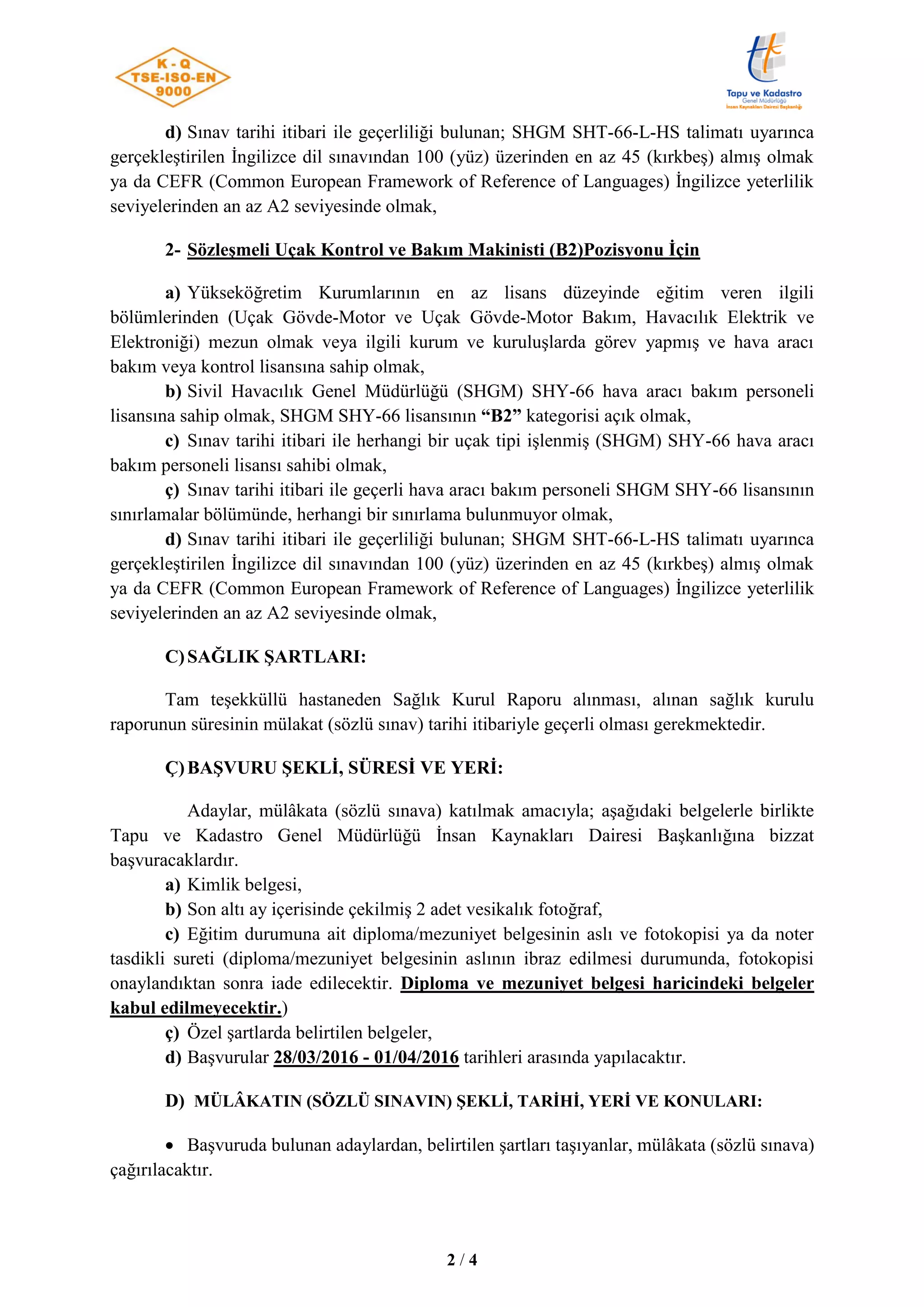 Tapu ve Kadastro Genel Müdürlüğü Sözleşmeli Personel Alım İlanı | PDF