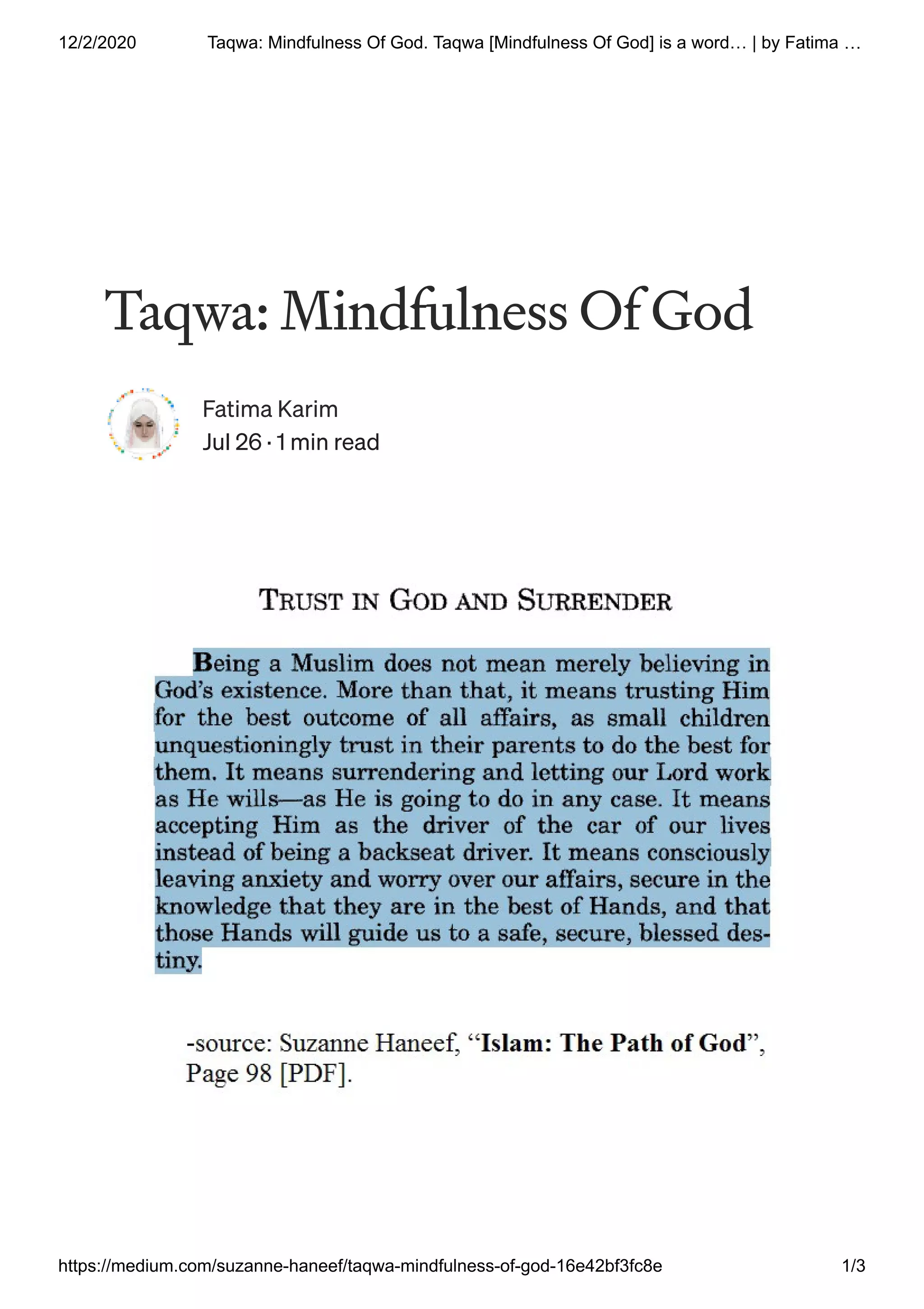 Taqwa Mindfulness of God | PDF