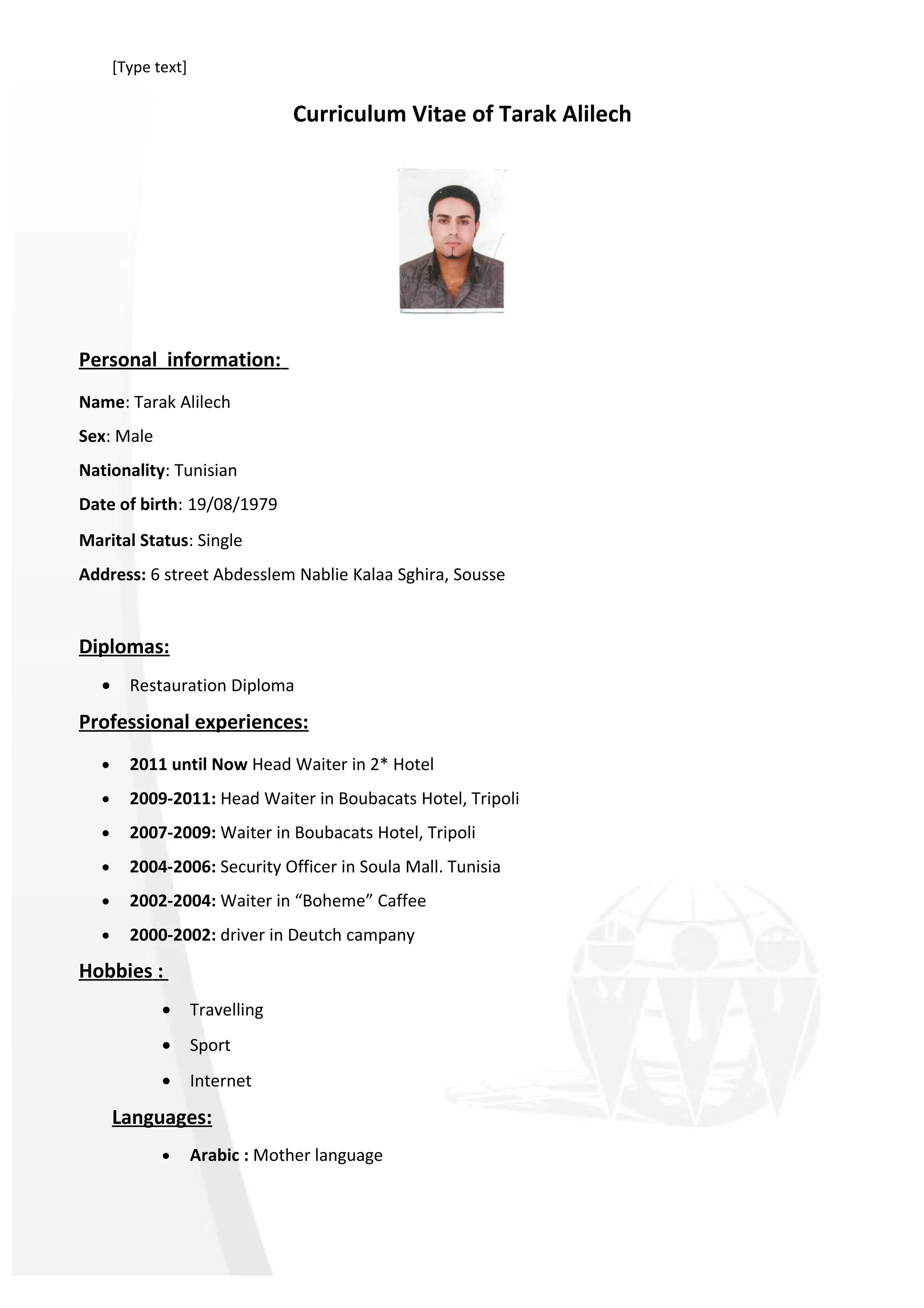 Tarak alilech head waiter | DOC