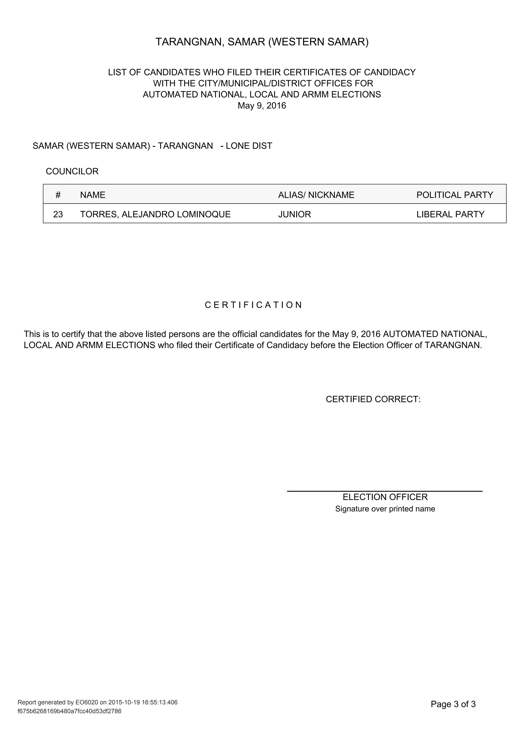 Tarangnan,SAMAR (Western Samar) - 2016 ELECTION | PDF