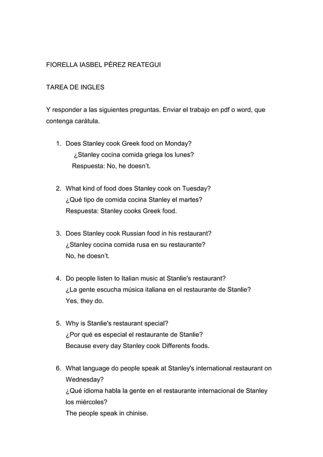 Tarea de ingles Fiorella Isabel Pérez Reátegui | PDF