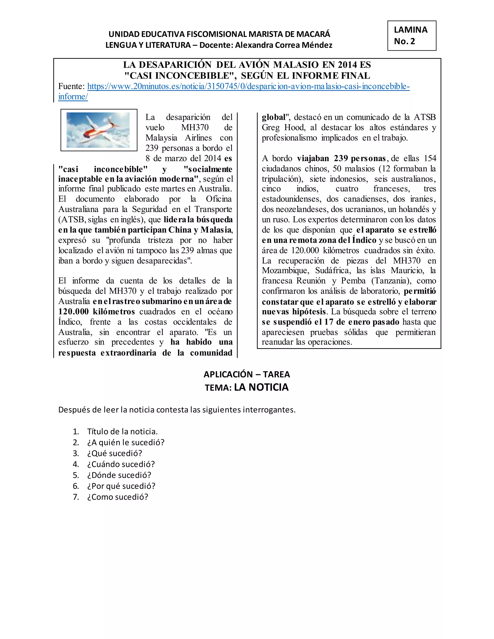Tarea de la noticia lamina no.2 -ll | DOCX