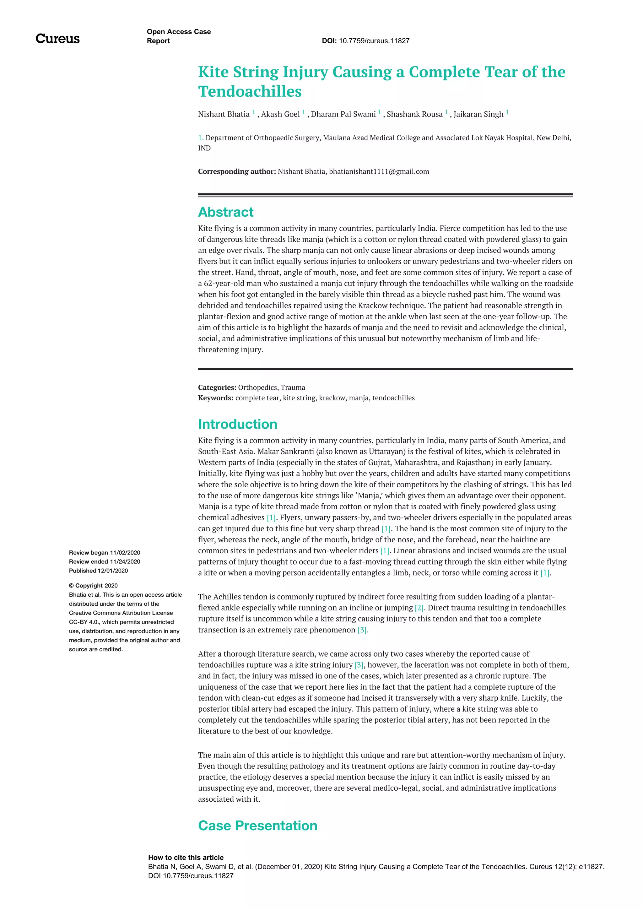 Kite String Injury Causing a Complete Tear of the Tendoachilles | PDF