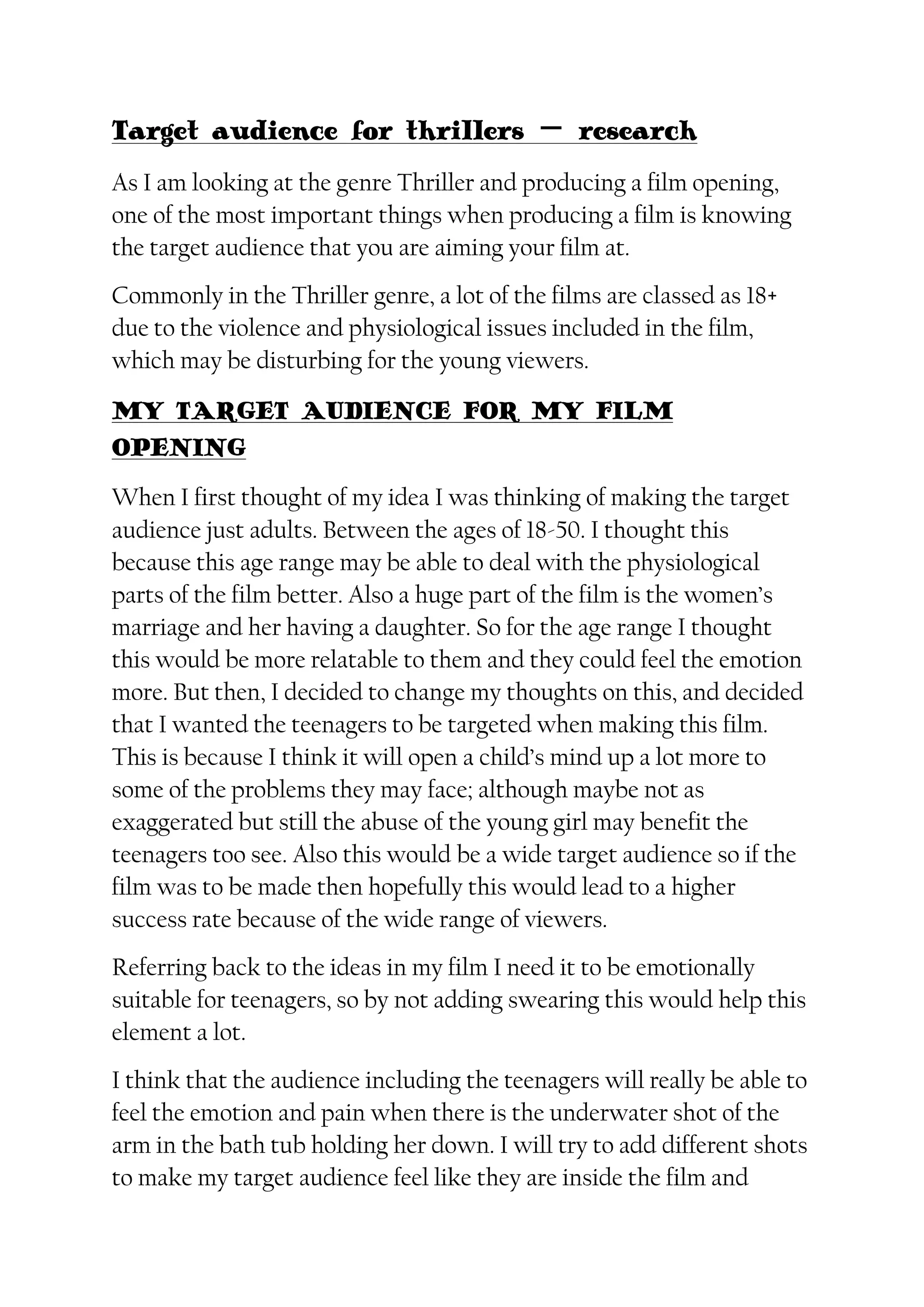 Target audience for thrillers film opening write up | DOCX