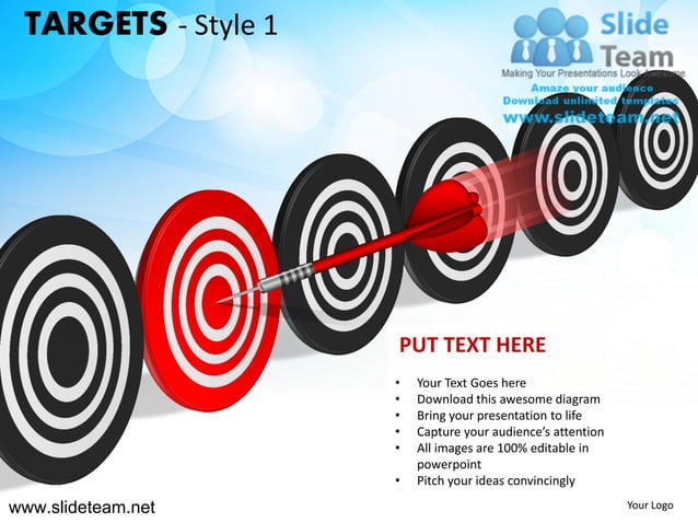 Targets bullseye darts goals style design 1 powerpoint ppt templates. | PPT