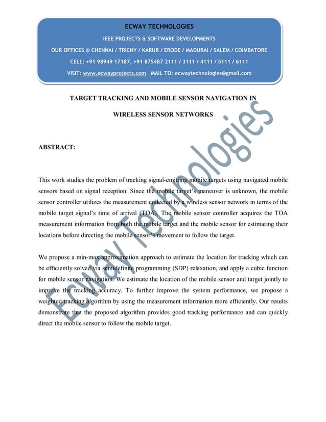 Target tracking and mobile sensor navigation in wireless sensor networks | PDF