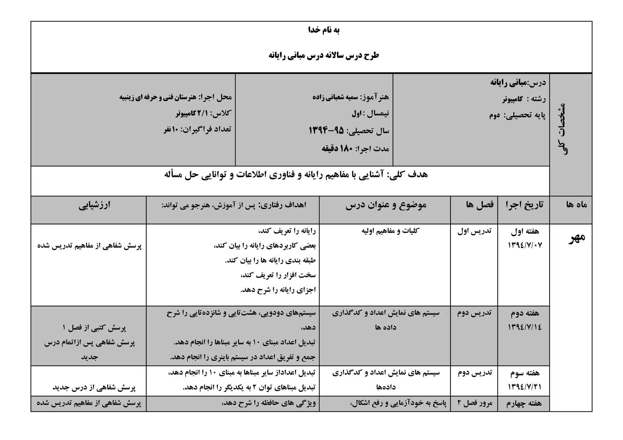 Tarh dars salaneh mabani | PDF