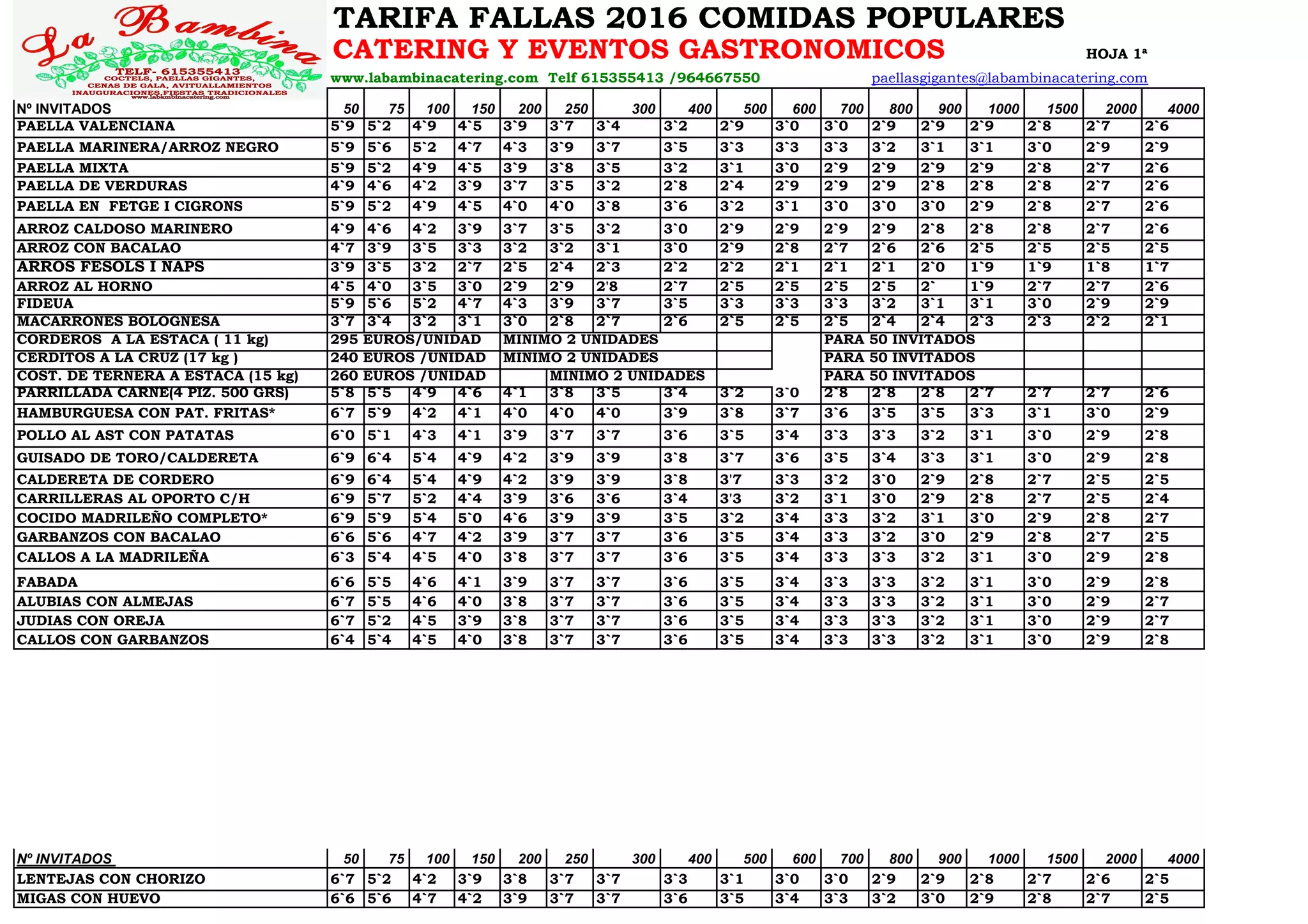 CATERING FALLAS 2017 TARIFA DE PRECIOS LA BAMBINA | PDF