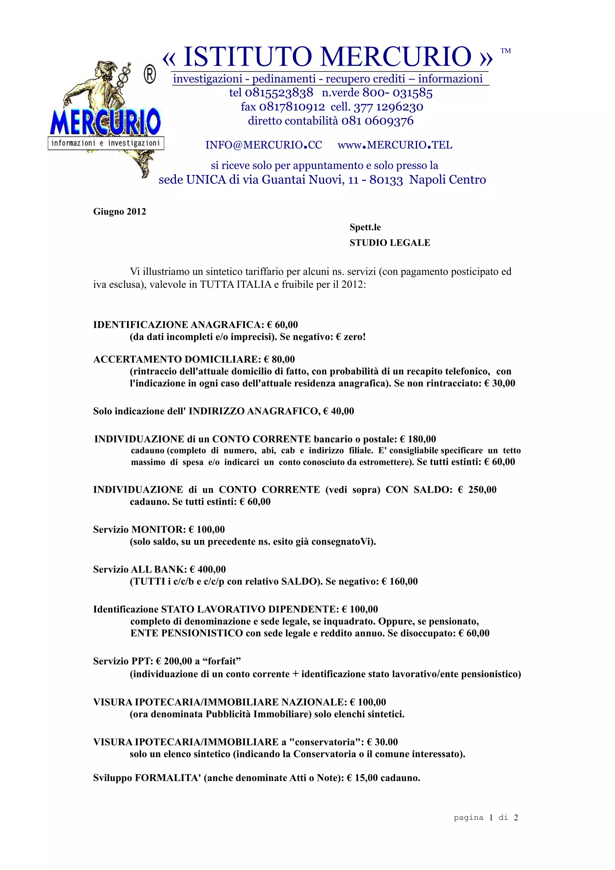 Tariffario Gennaio 2013 MERCURIO | PDF | Business | Business and Finance