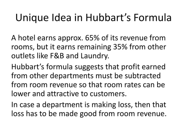 Hubbart's Formula: Tariff fixation methods in Hotels | PPTX