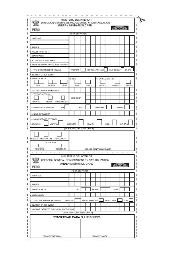 Andean Inmigration Card (tam) english