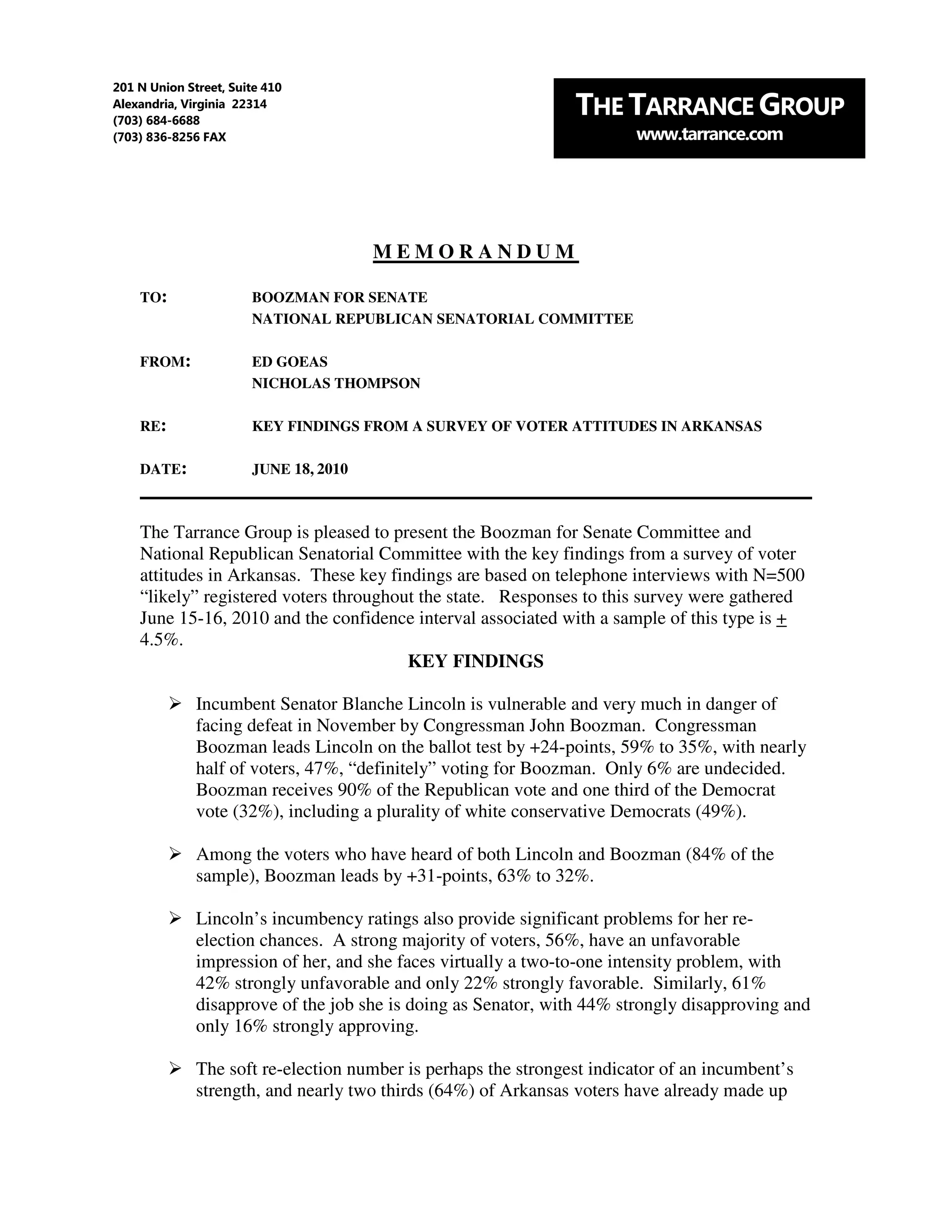 Tarrance Group Memo | PDF