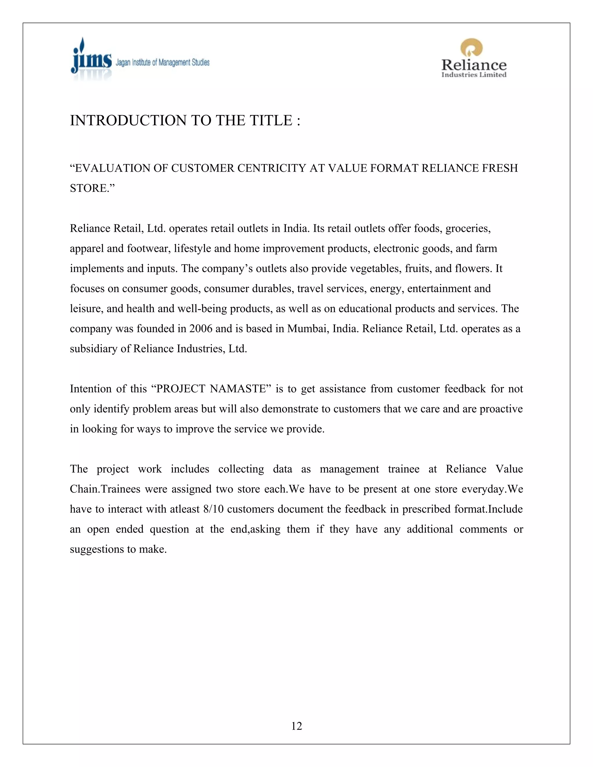 PROJECT ON RELIANCE RETAIL | DOC