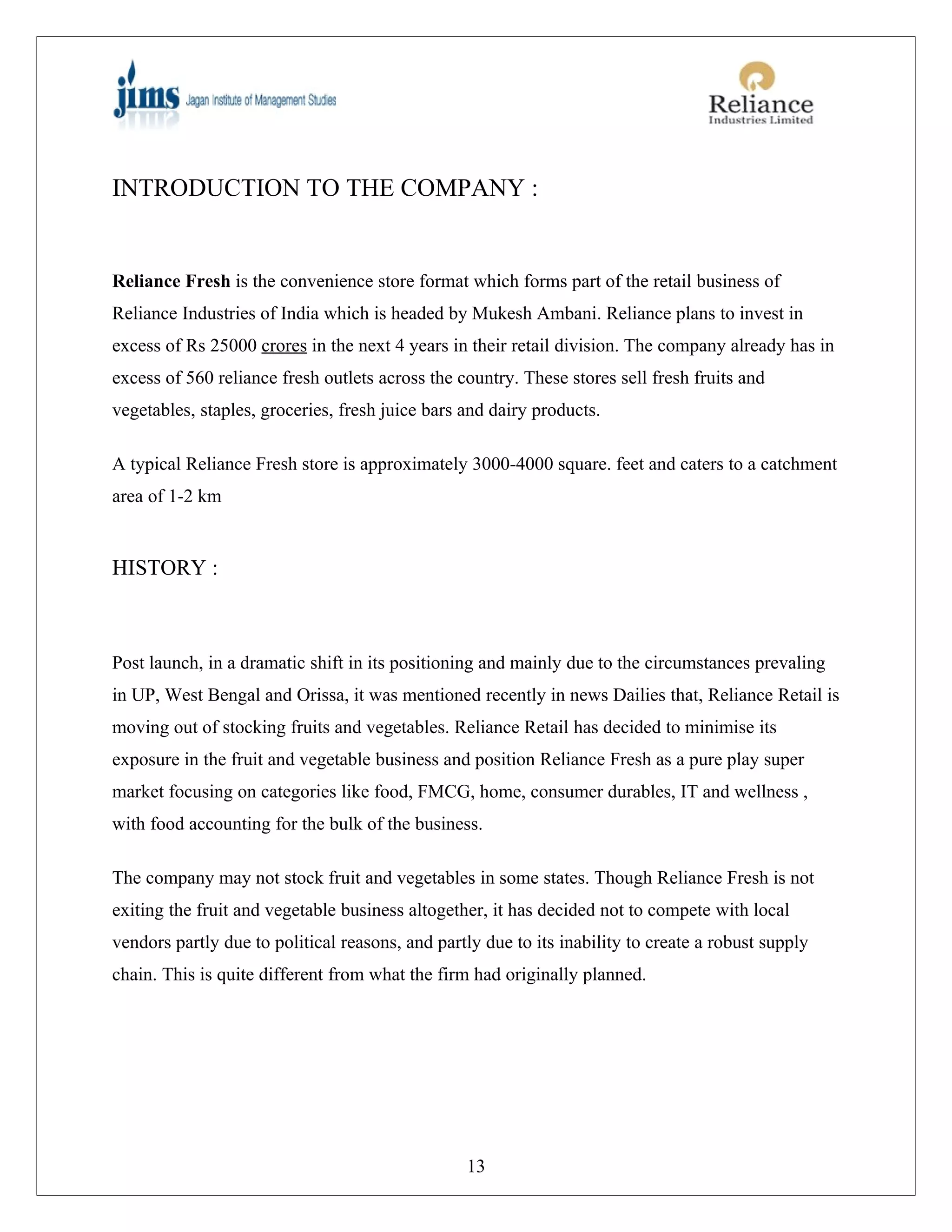 PROJECT ON RELIANCE RETAIL | DOC